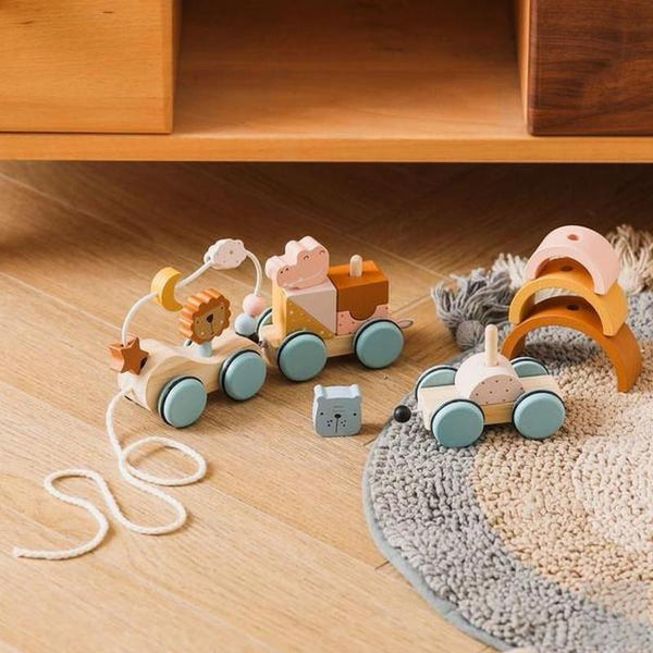 Montessori Wooden Pull Toy Bead Maze Cart & Building Block Train for E ...